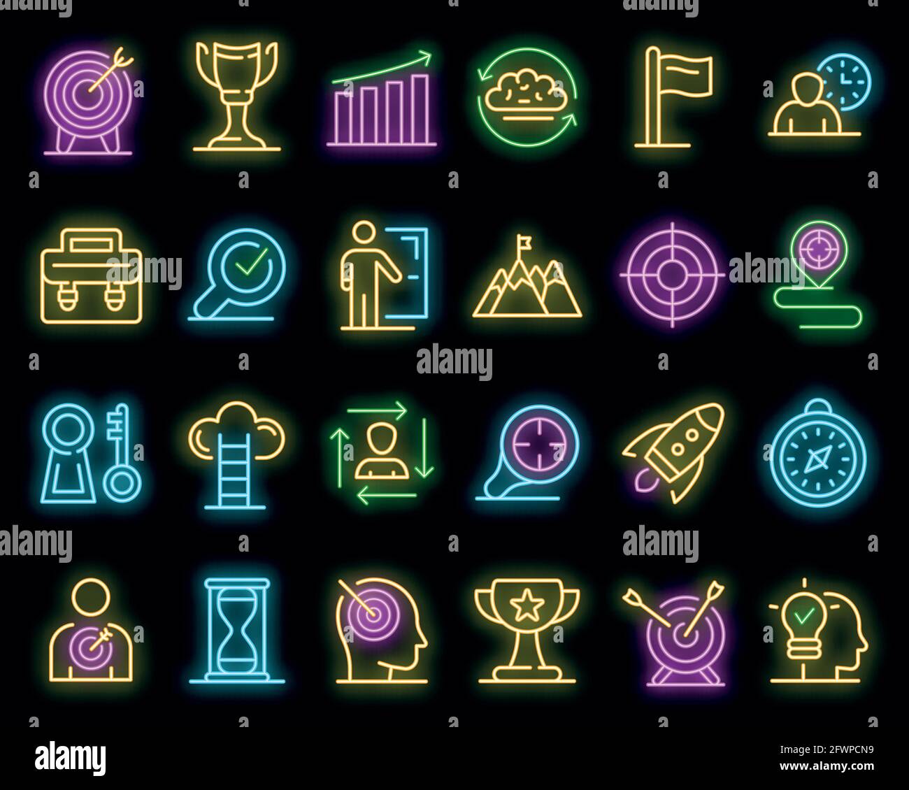 Mission icons set. Outline set of mission vector icons neon color on ...