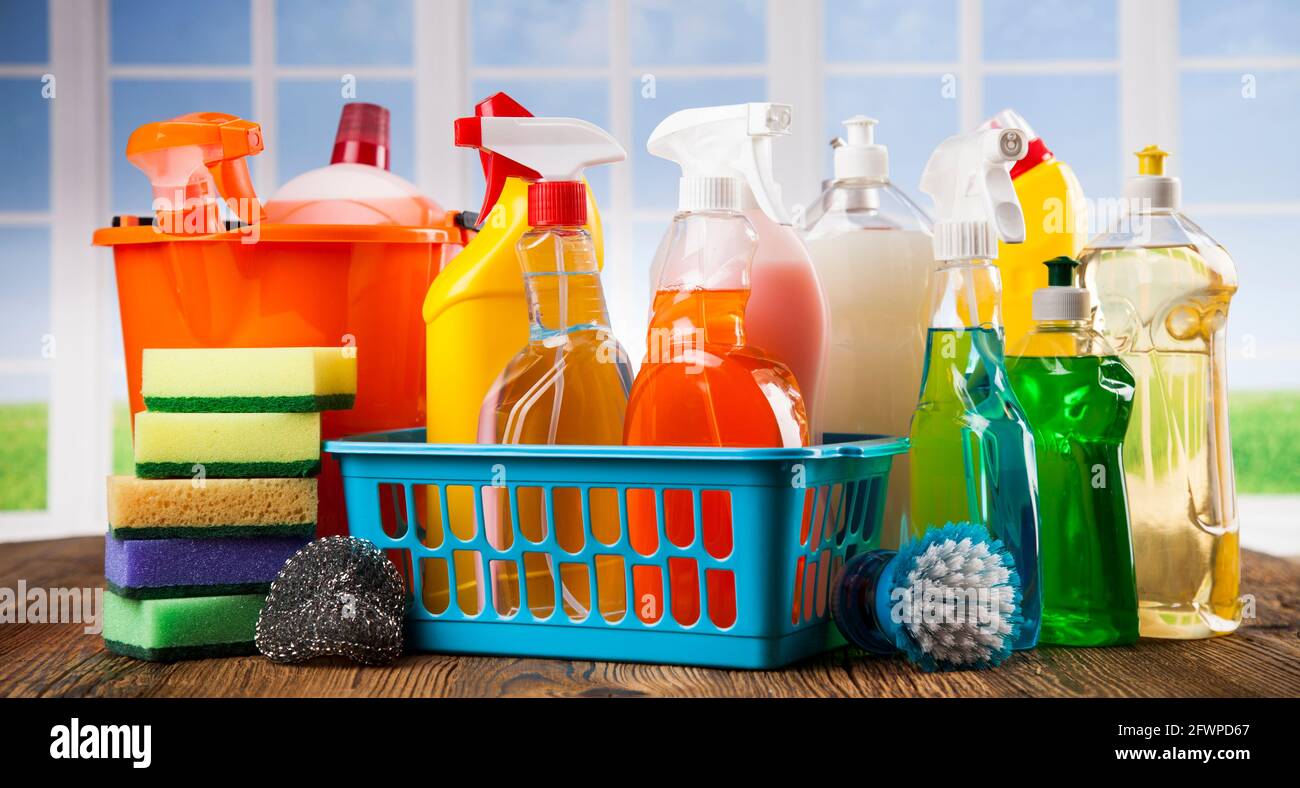 Cleaning Equipment and window background Stock Photo - Alamy