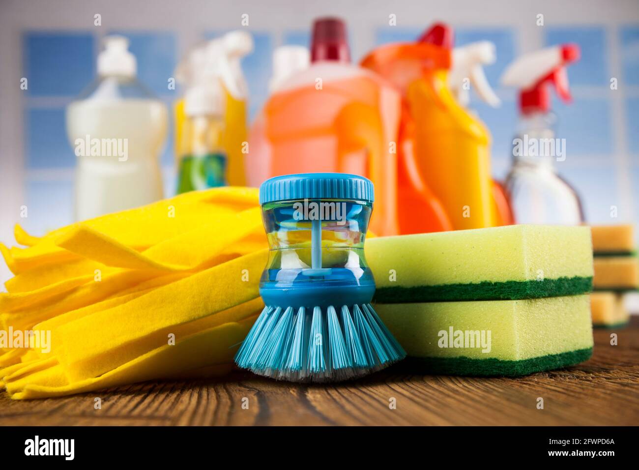 Cleaning Equipment and window background Stock Photo - Alamy