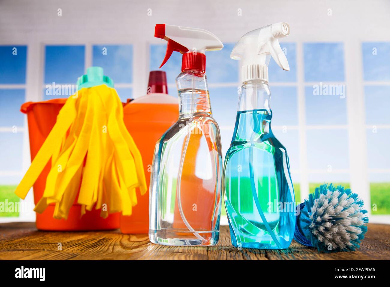 Cleaning Equipment and window background Stock Photo - Alamy