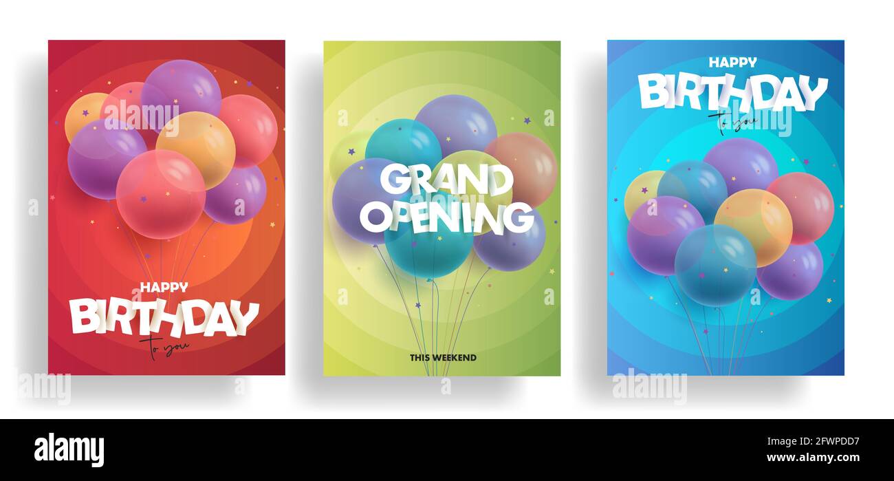 Set of leaflets or flyers with 3d Realistic Colorful Bunch of Birthday ...