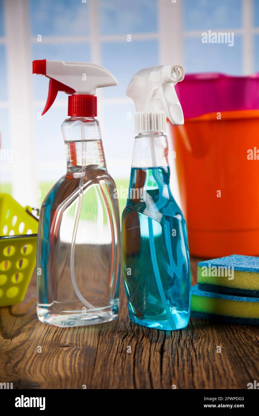 Cleaning Equipment and window background Stock Photo - Alamy