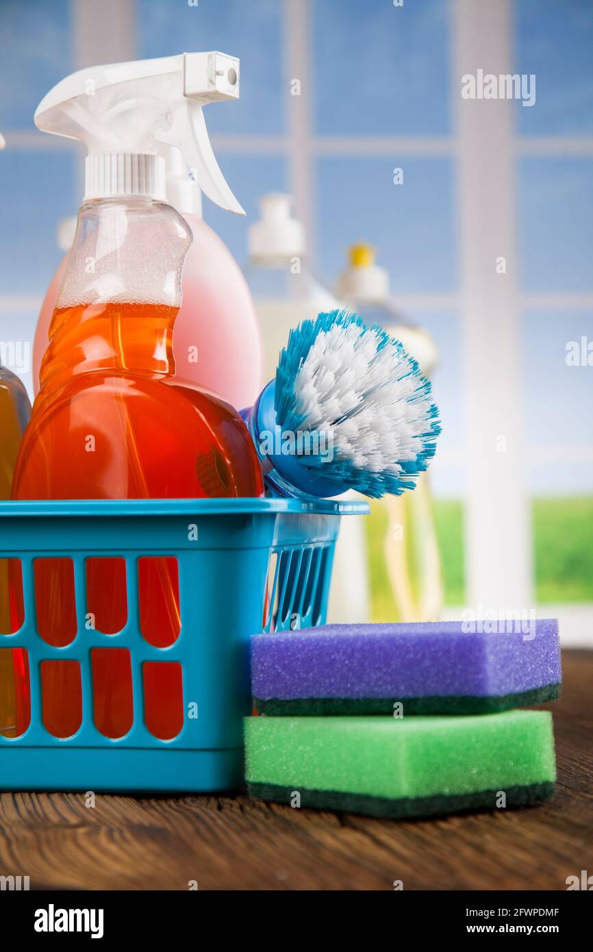 Cleaning Equipment and window background Stock Photo - Alamy