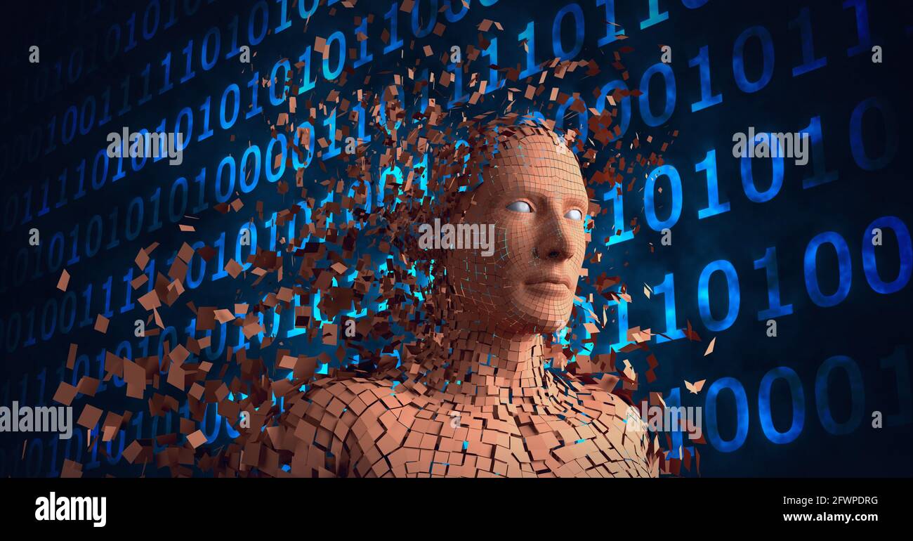 Composition of exploding human bust formed with particles over binary coding Stock Photo - Alamy