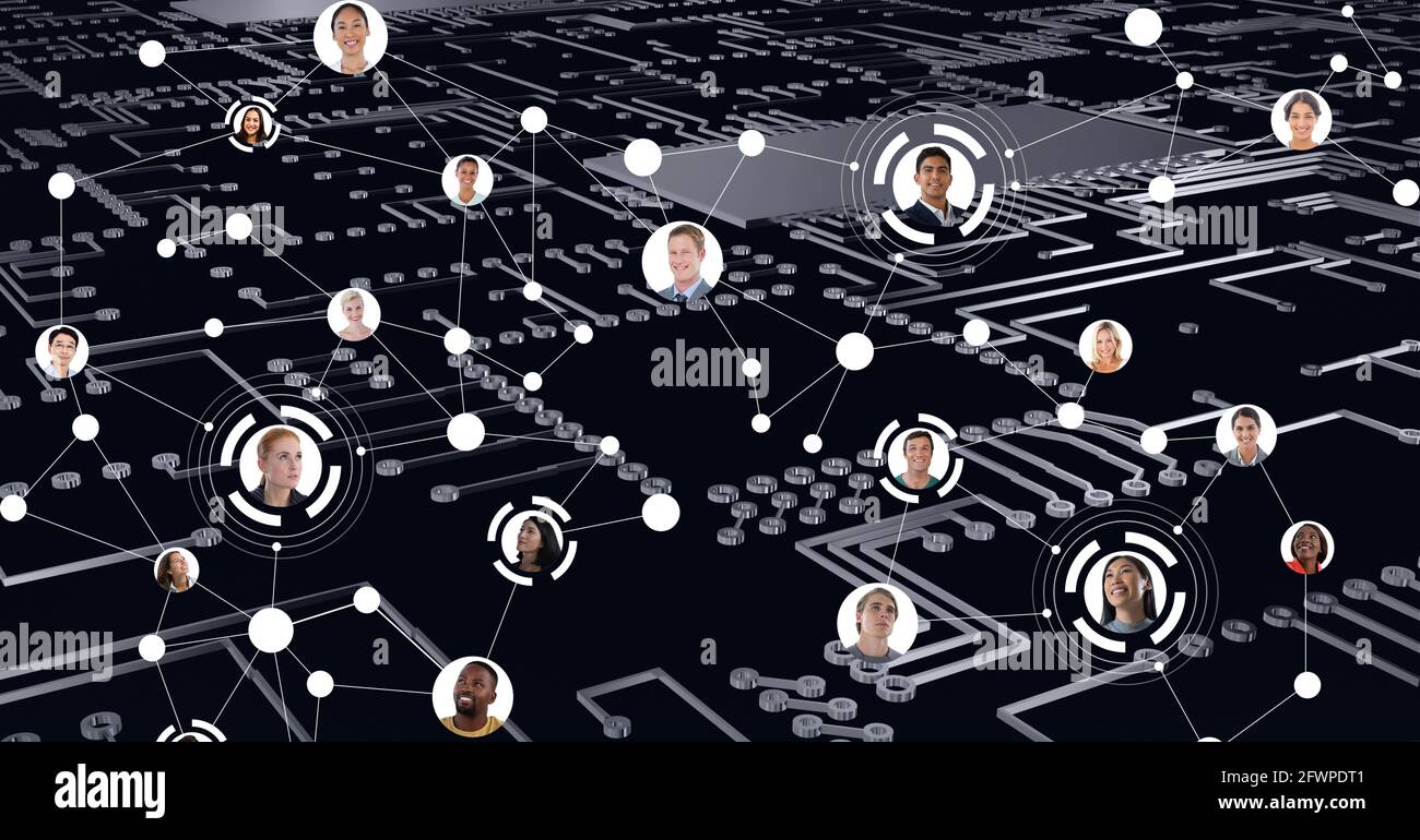 Composition of network of connections with people's photographs over ...