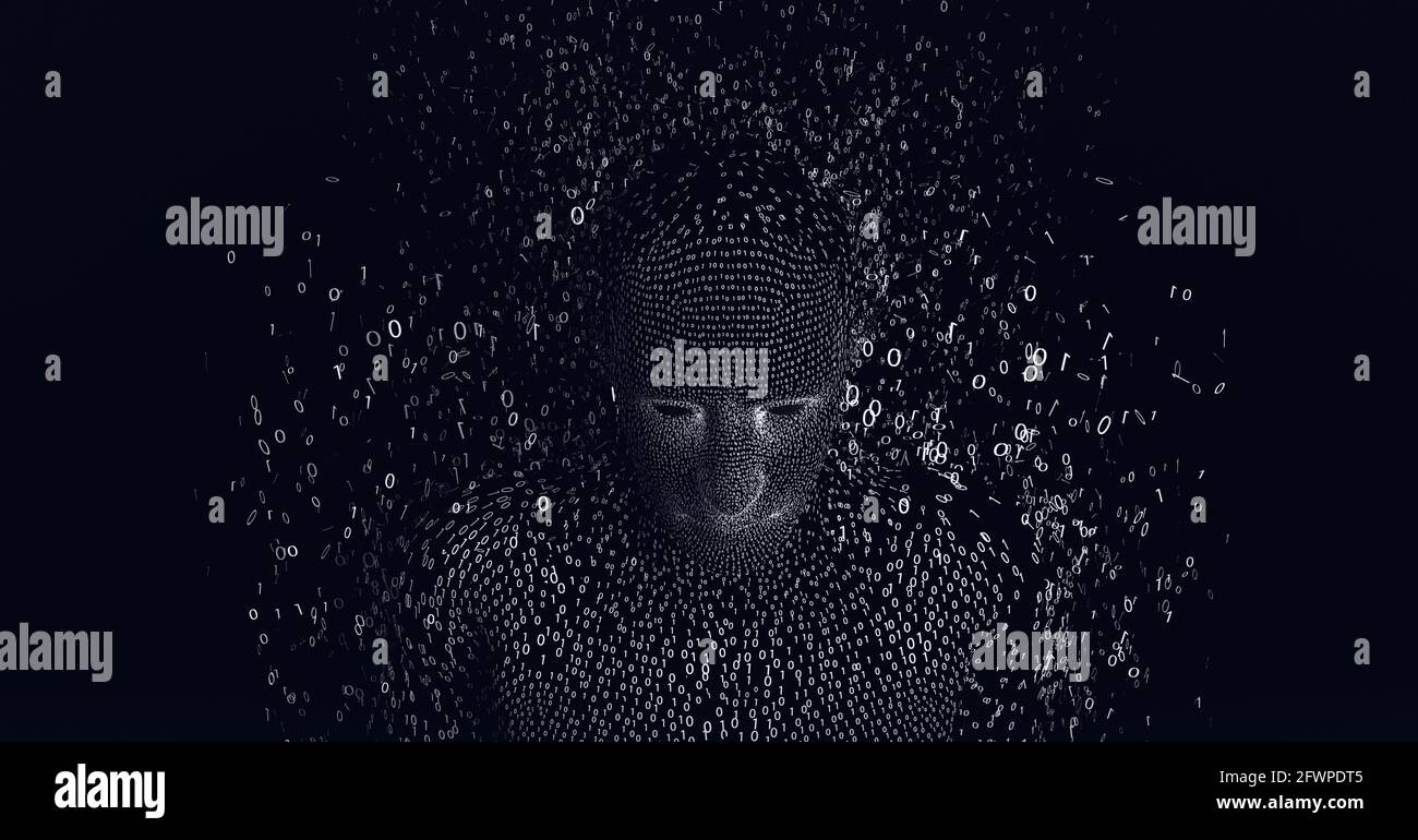 Composition of exploding human bust formed with binary coding Stock ...