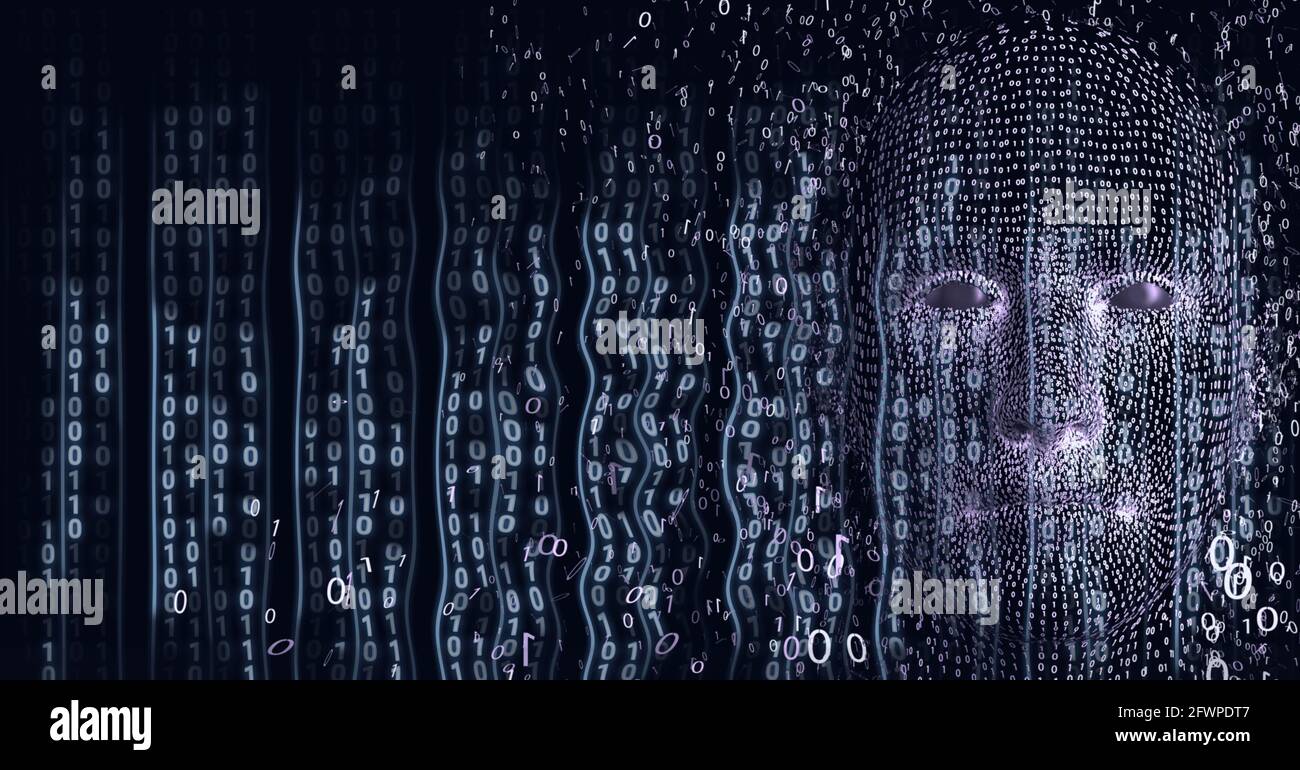 Composition of human face formed with binary coding on black background ...