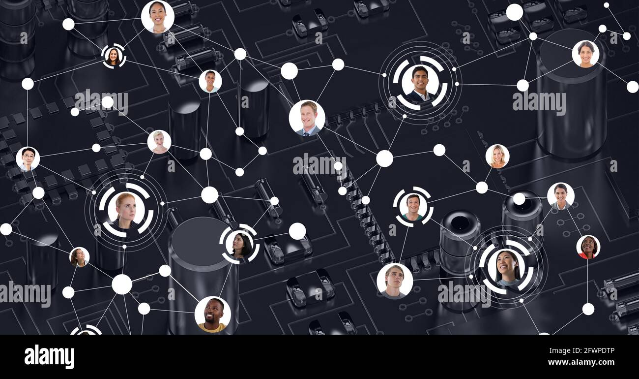 Composition of network of connections with people's photographs over computer circuit board ...