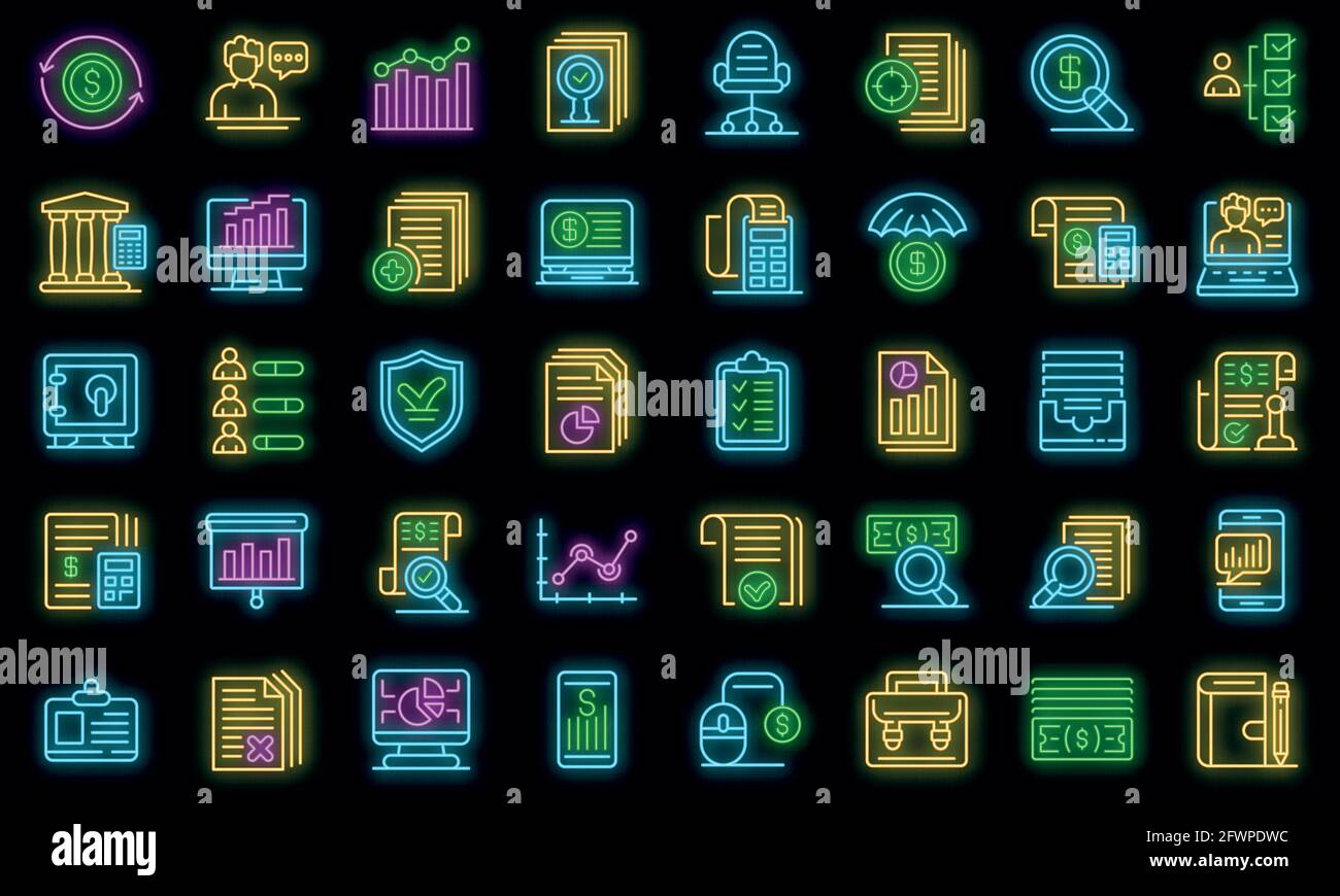 Audit icons set. Outline set of audit vector icons neon color on black ... Audit icons set. Outline set of audit vector icons neon color on black ...