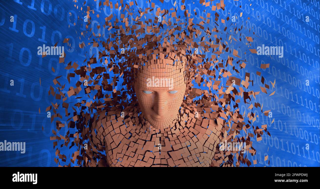 Composition of exploding human bust formed with particles over binary coding Stock Photo - Alamy