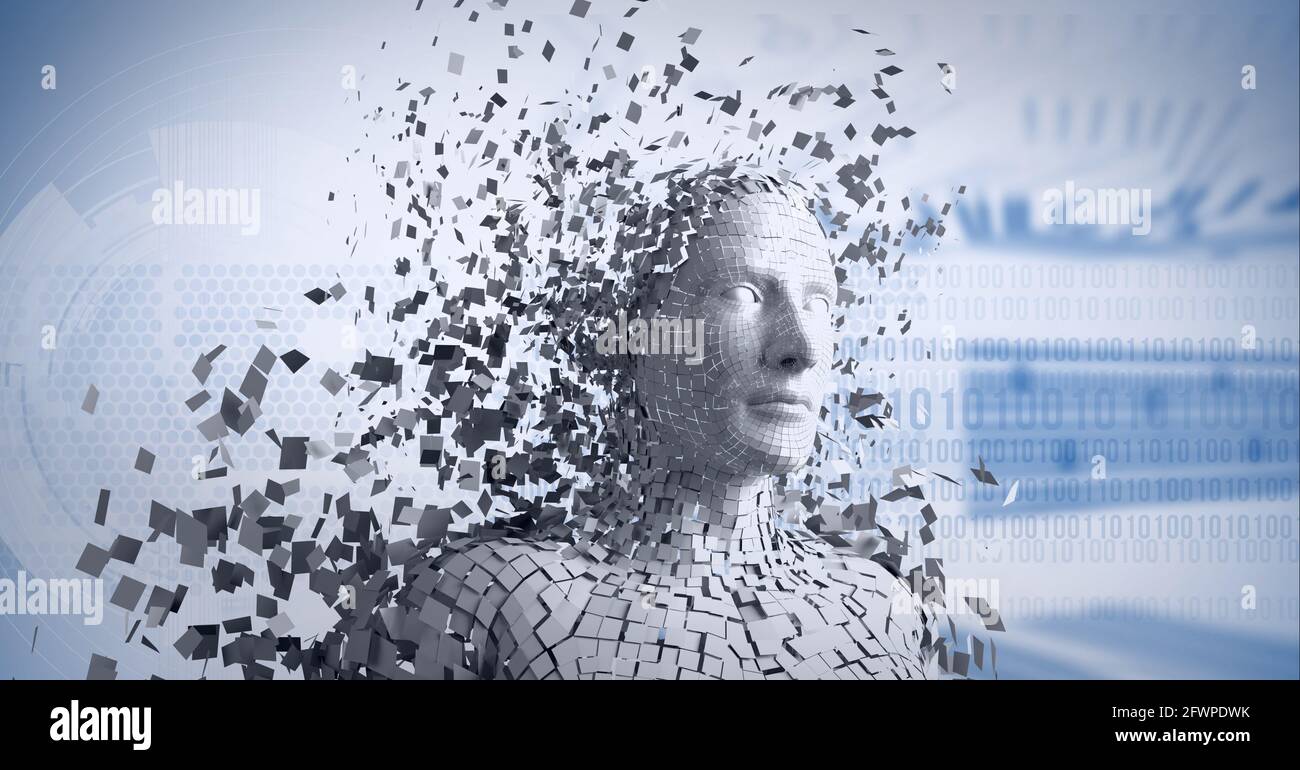 Composition of exploding human bust formed with particles over binary ...