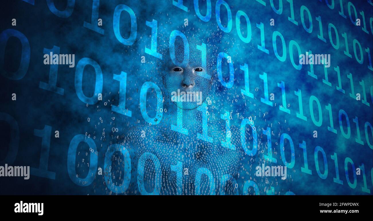 Composition Of Binary Coding Over Exploding Human Bust On Blue 9438