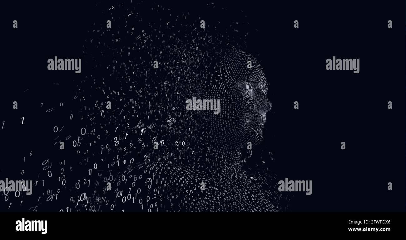 Composition Of Human Bust Formed With Binary Coding Exploding On Black