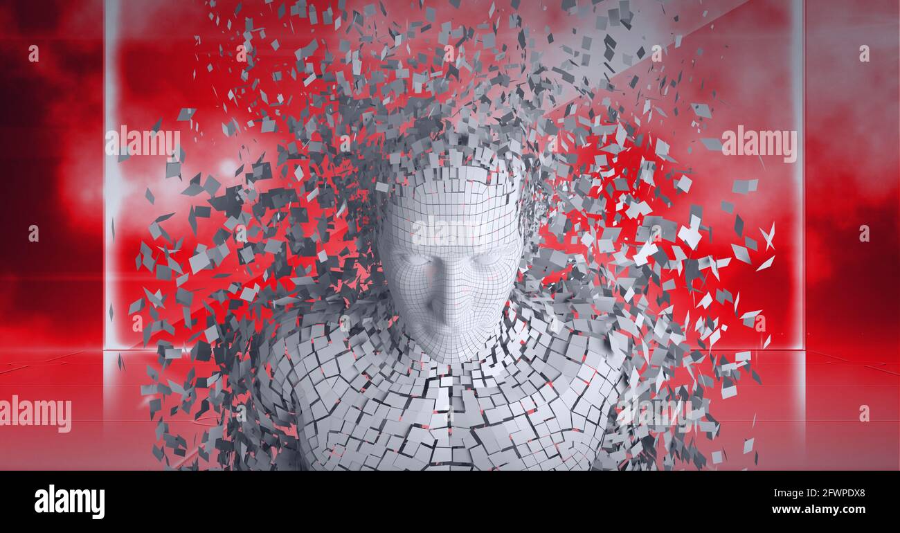 Composition of human bust formed with grey particles exploding on red ...