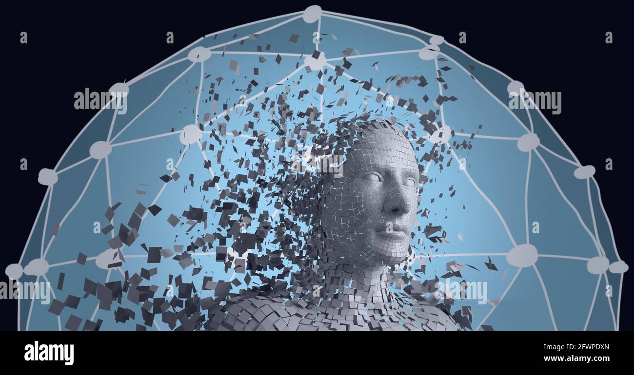 Composition of exploding human bust over globe of connections Stock ...