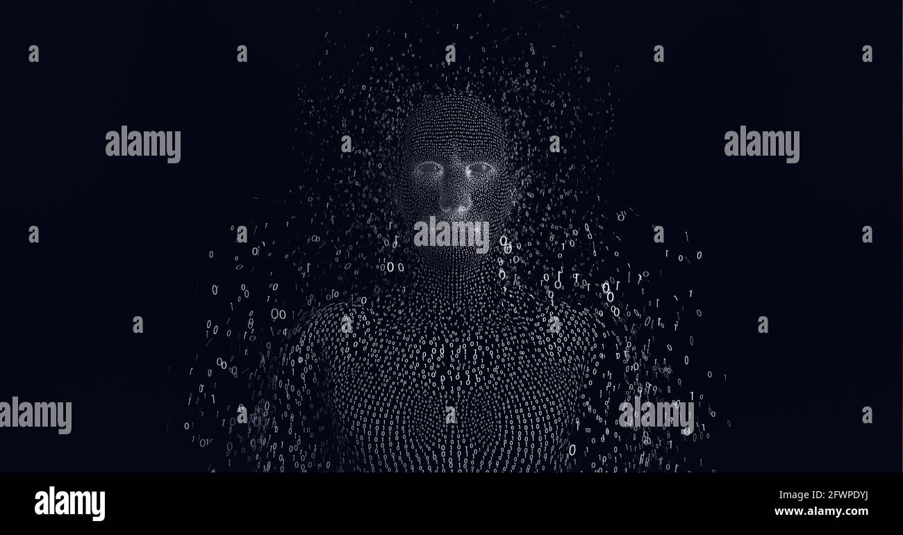 Composition of human bust formed with binary coding exploding on black ...