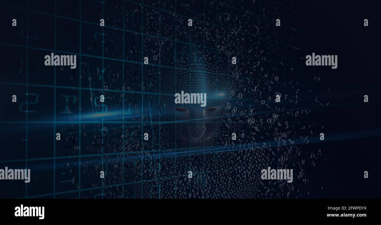 Composition of human bust formed with binary coding exploding over grid ...