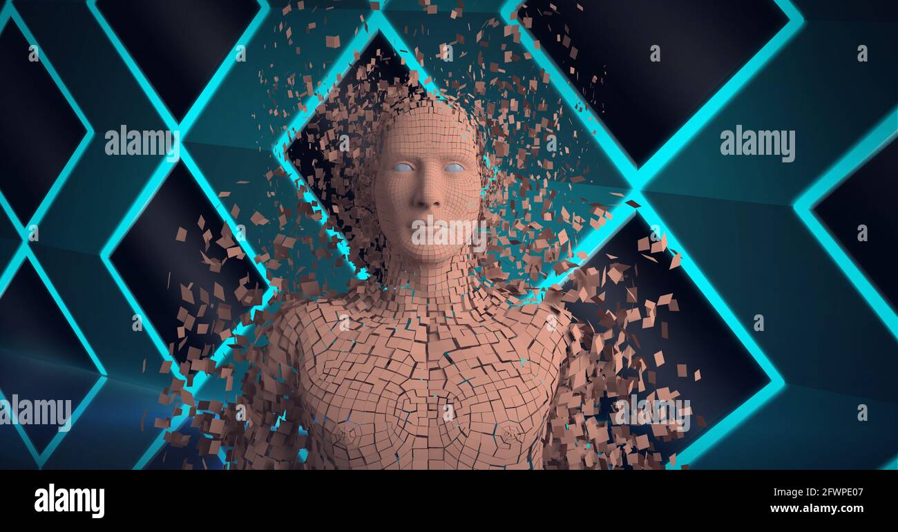 Composition of human bust formed with particles exploding on green ...