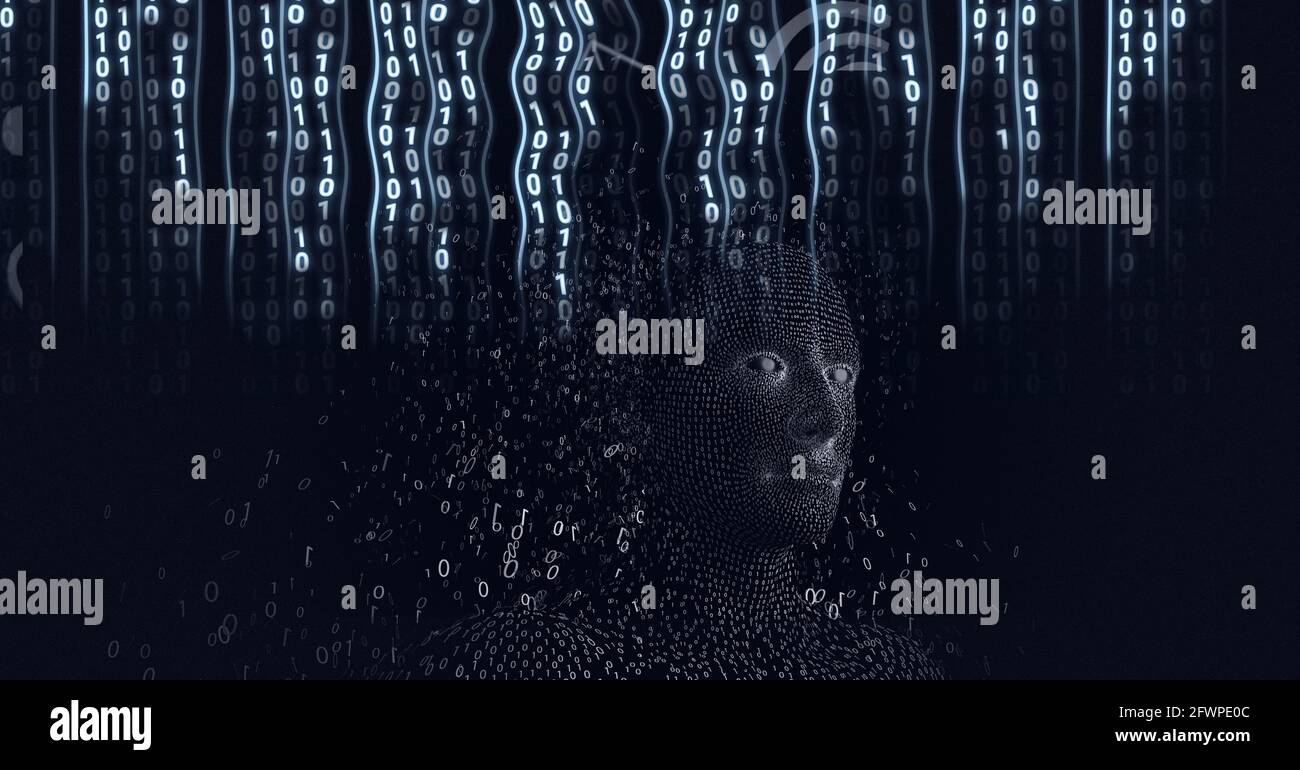 Composition of binary coding and exploding human bust Stock Photo - Alamy