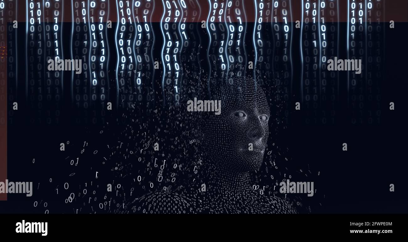 Composition of binary coding and exploding human bust Stock Photo - Alamy