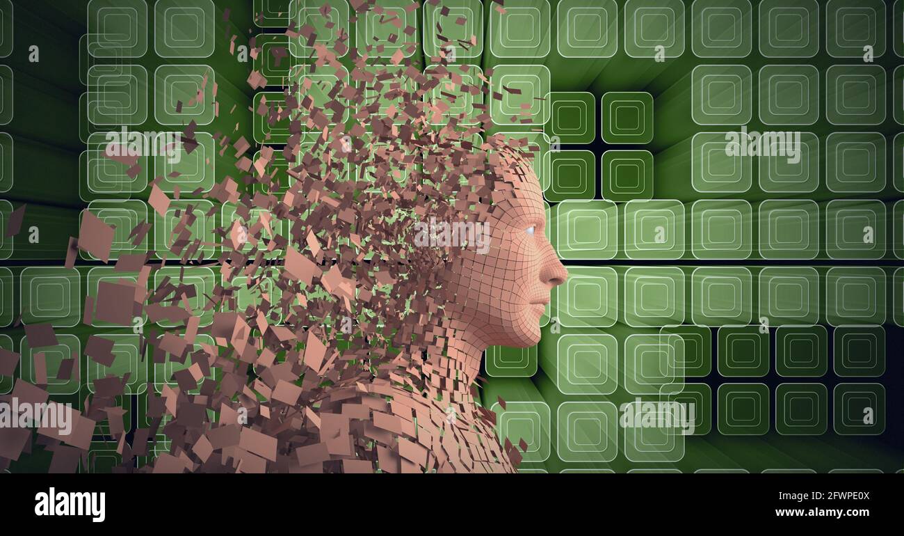Composition of human bust formed with particles exploding over green ...