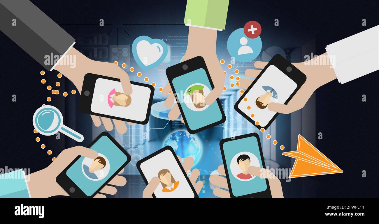 Composition of people holding smartphones with social media icons over ...