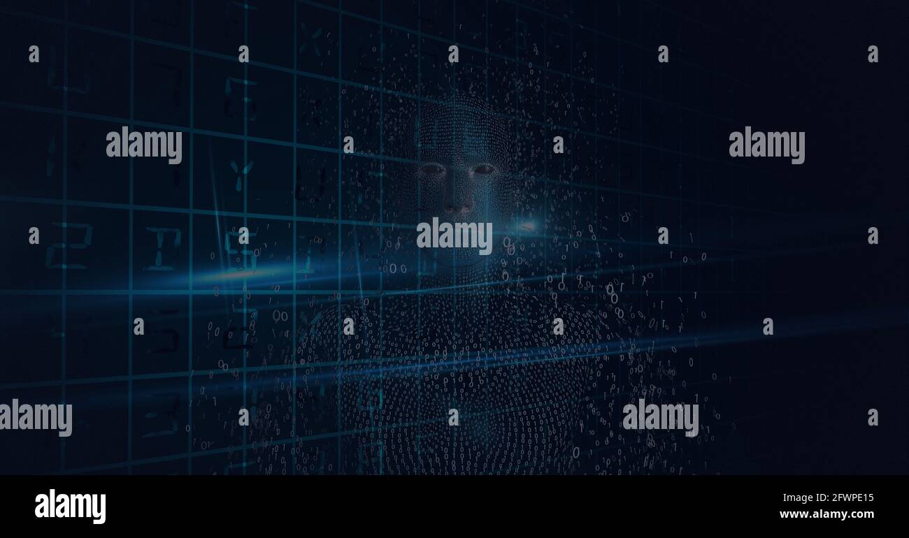 Composition Of Human Bust Formed With Binary Coding Exploding Over Grid