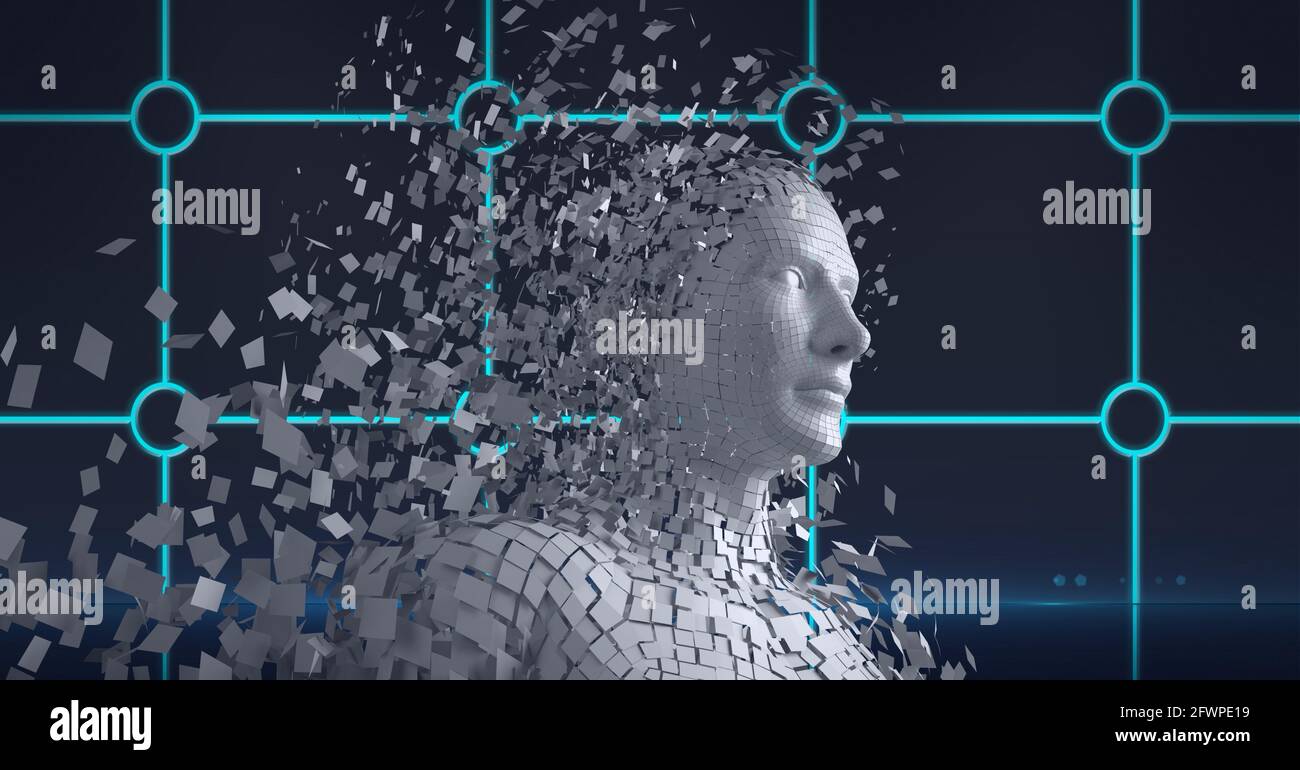 Composition of human bust formed with grey particles exploding over ...