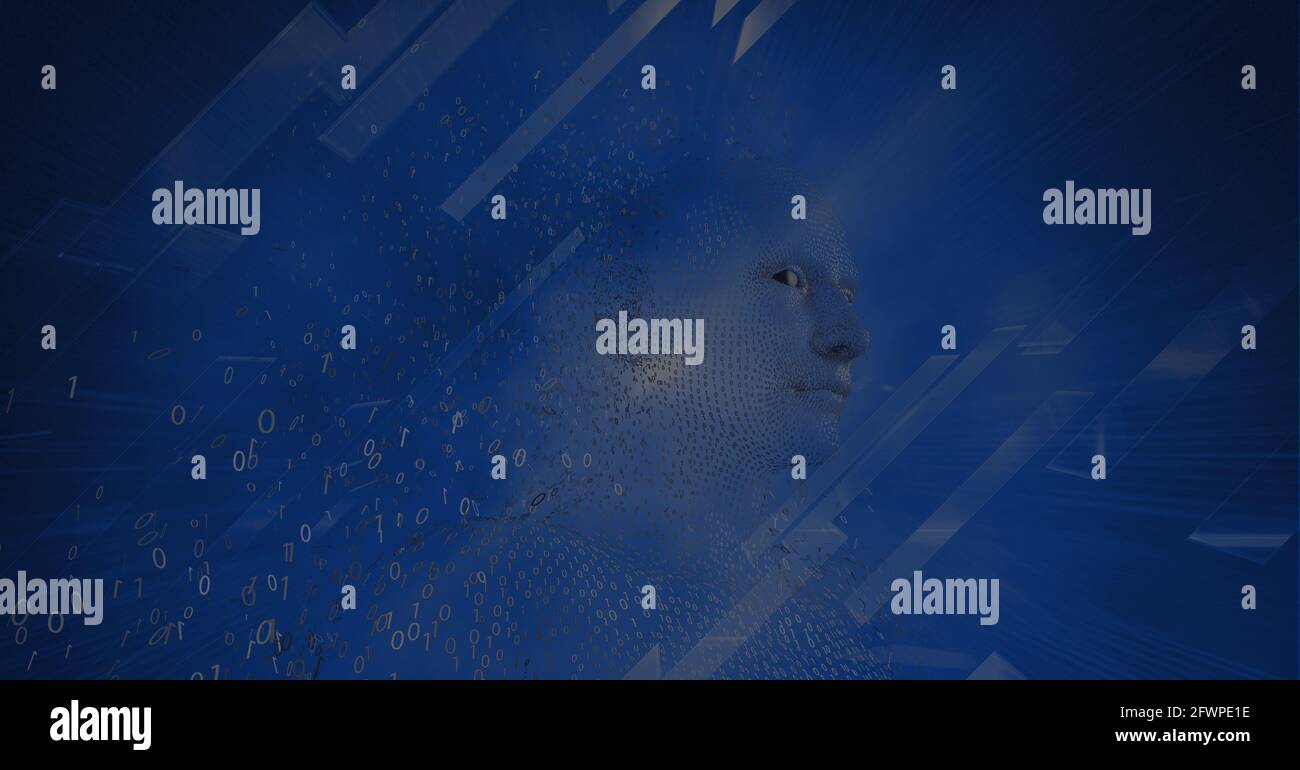 Composition Of Human Bust Formed With Binary Coding Exploding On Blue