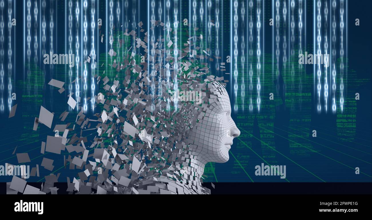 Composition of binary coding and exploding human bust Stock Photo - Alamy