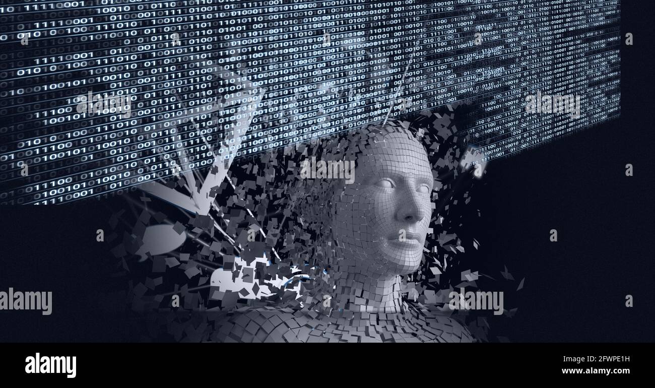 Composition of binary coding and exploding human bust Stock Photo - Alamy