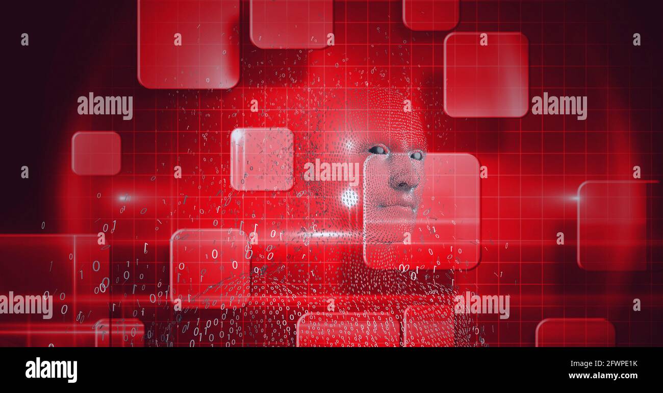 Composition Of Human Bust Formed With Binary Coding Exploding On Red