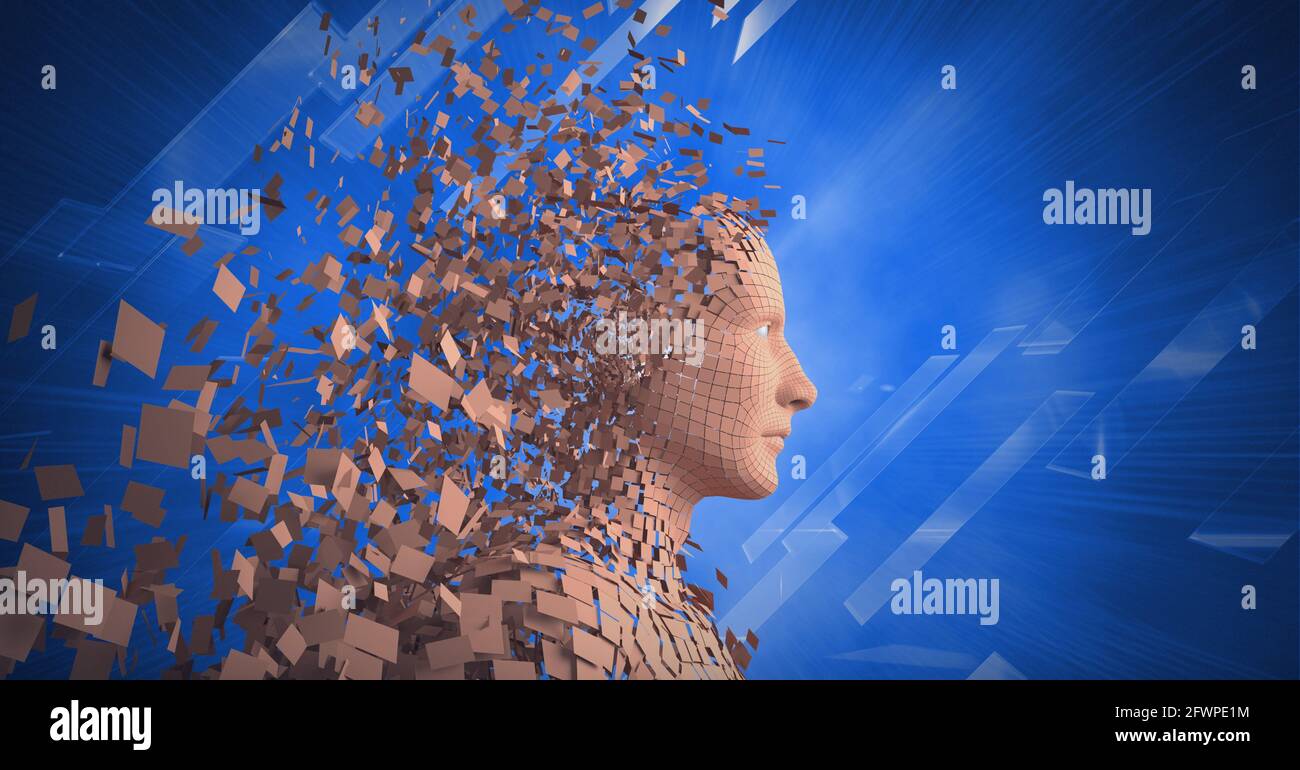 Composition of human bust formed with particles exploding on blue ...