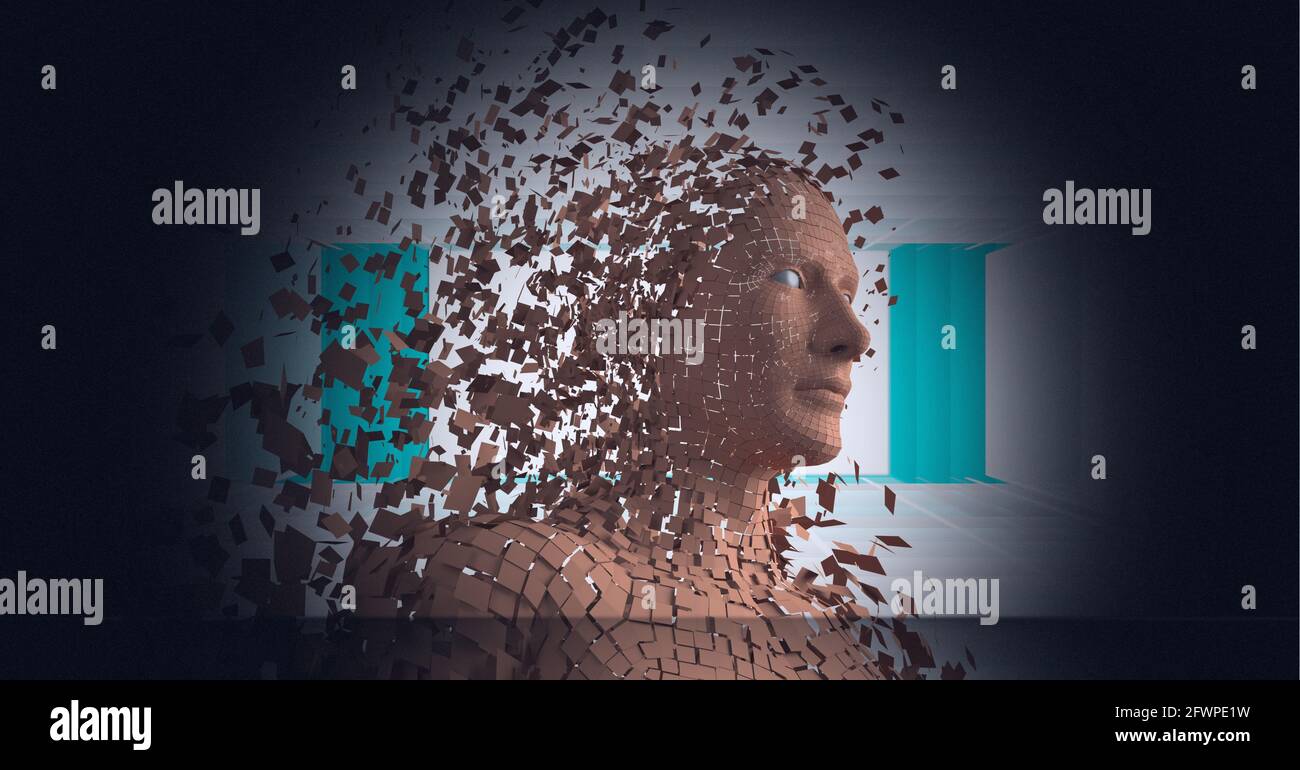 Composition of human bust formed with particles exploding on grey ...