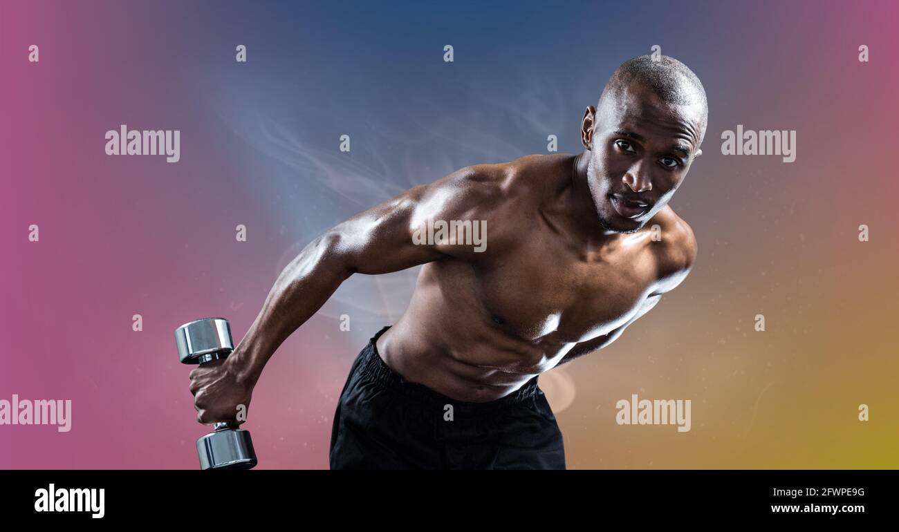 Composition of muscular strong african american man lifting dumbbells ...