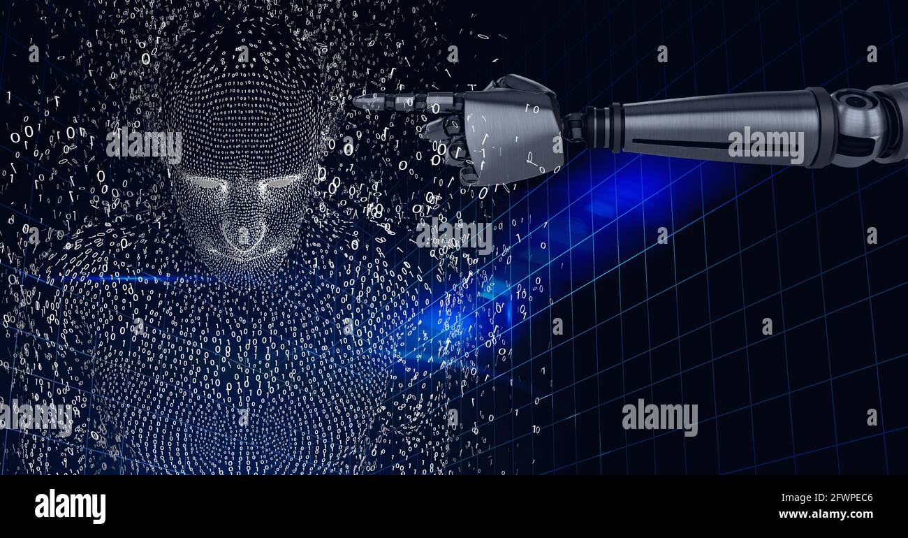 Composition of exploding human bust formed with binary coding and robot ...