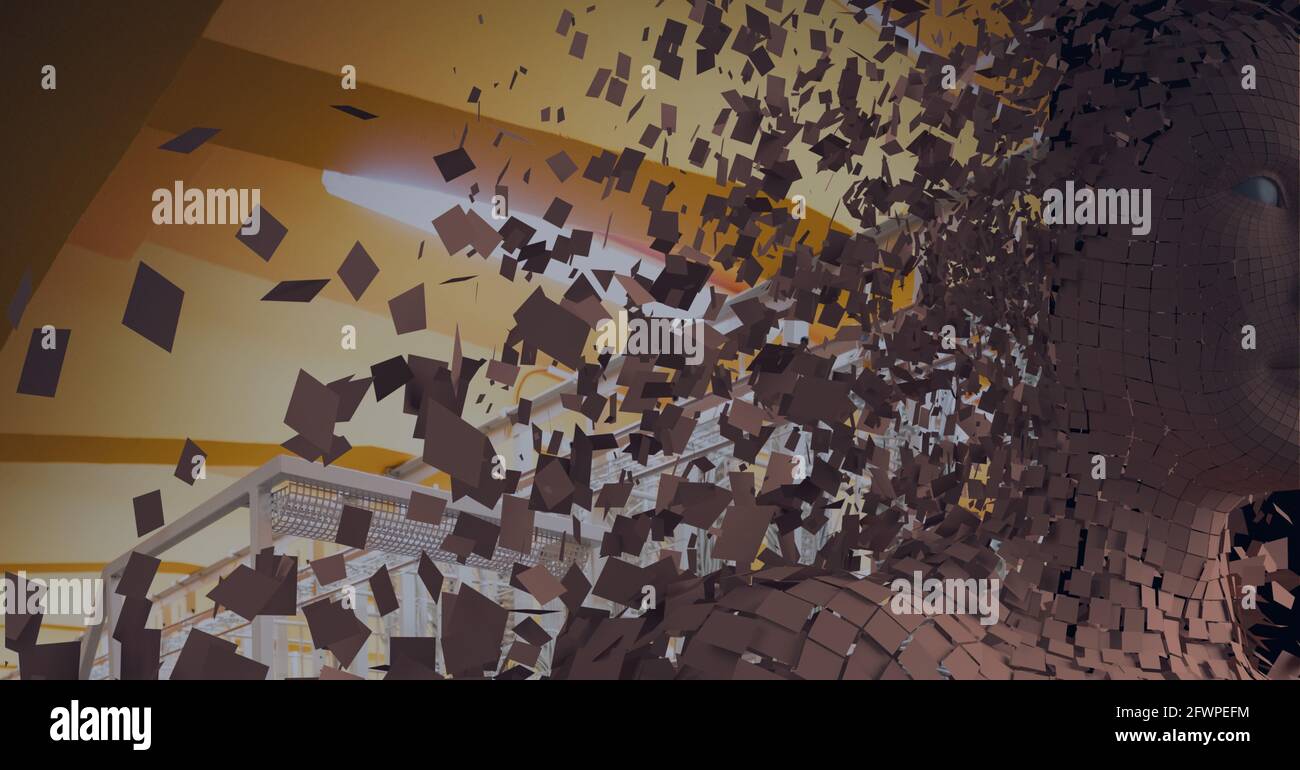 Composition of exploding human bust formed with grey particles on ...