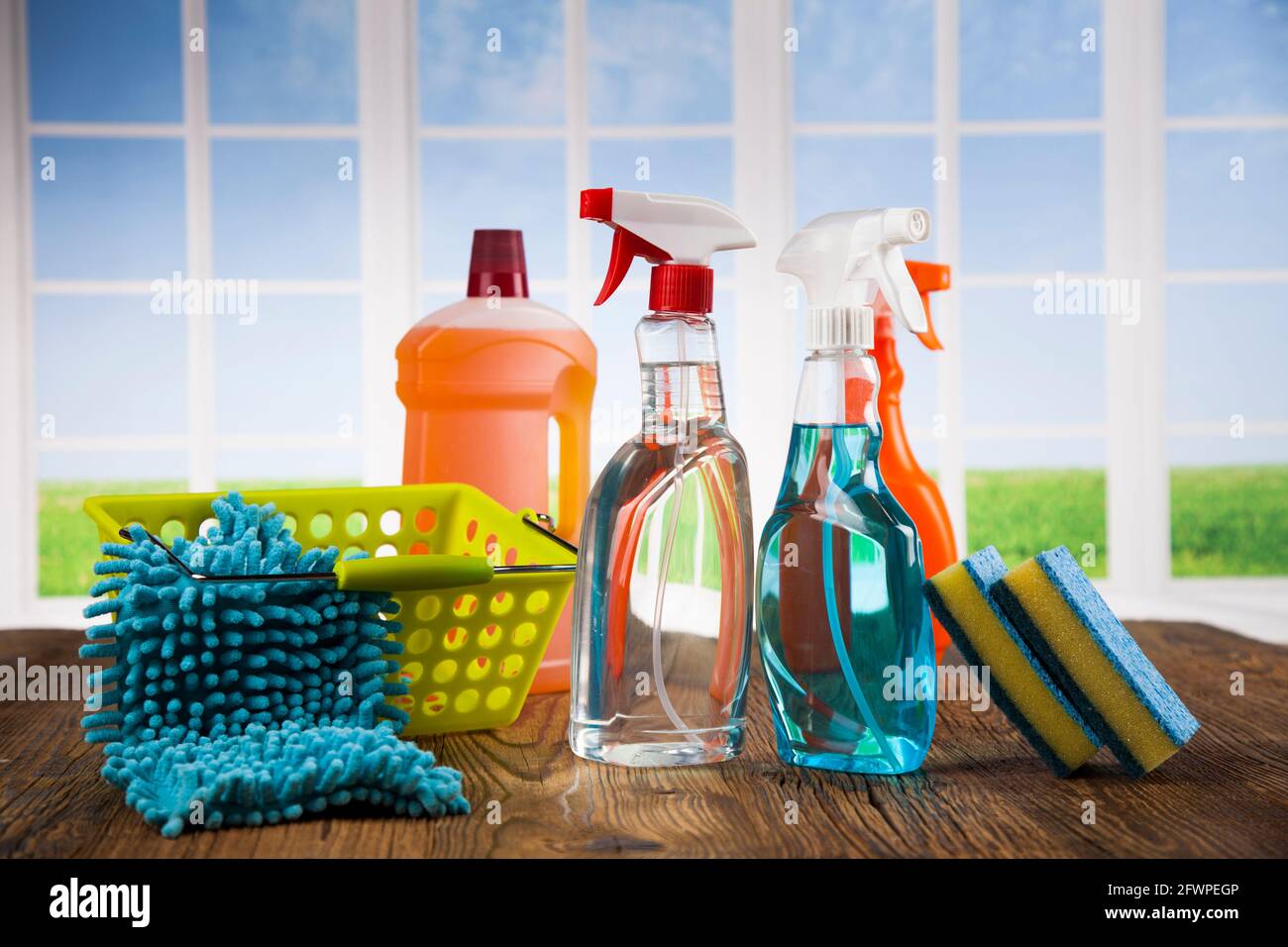 Cleaning Equipment and window background Stock Photo - Alamy