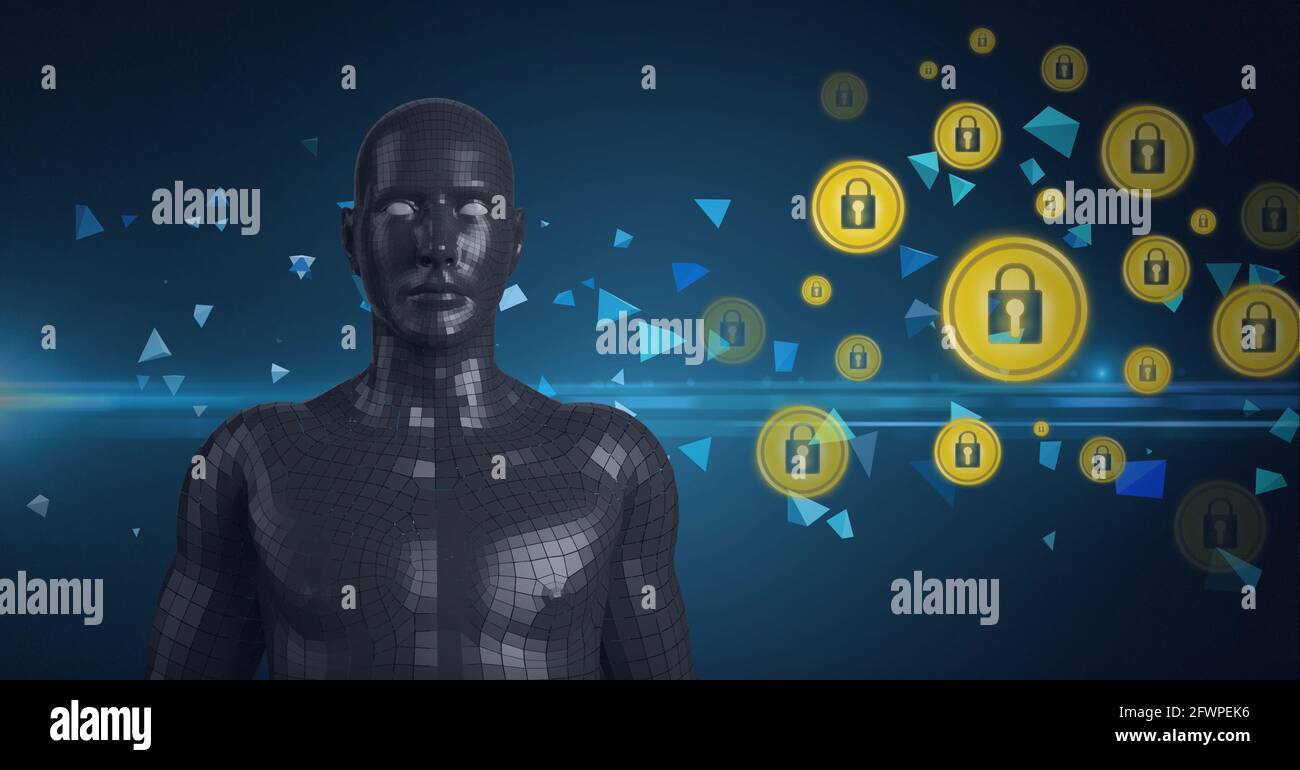 Composition of metallic human bust and online security padlock icons ...