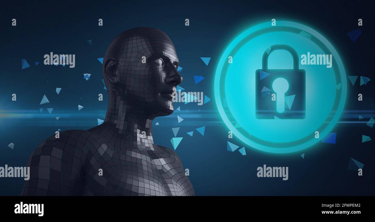 Composition of metallic human bust and online security padlock icon ...