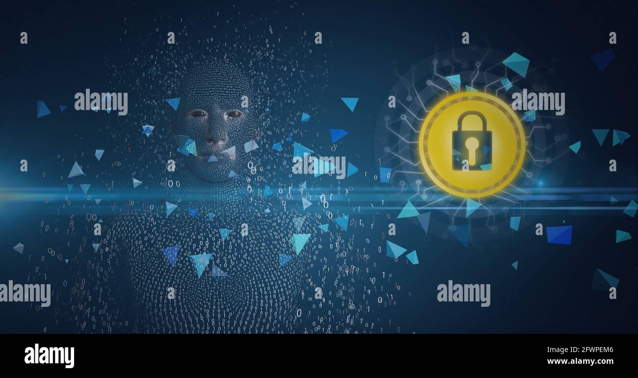 Composition Of Exploding Human Bust Formed With Binary Coding And Online Security Padlock Icon