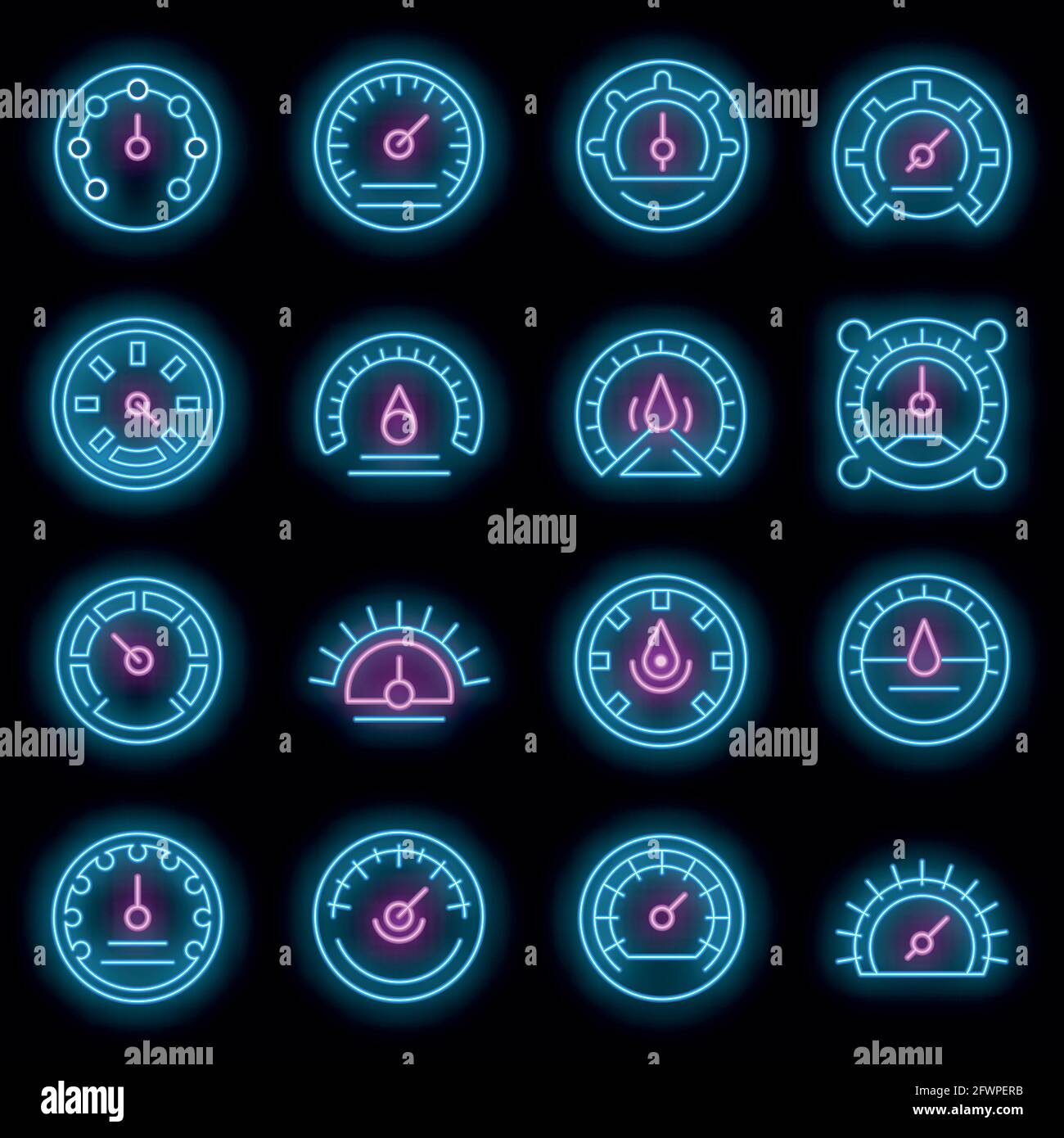 Barometer icons set. Outline set of barometer vector icons neon color ...