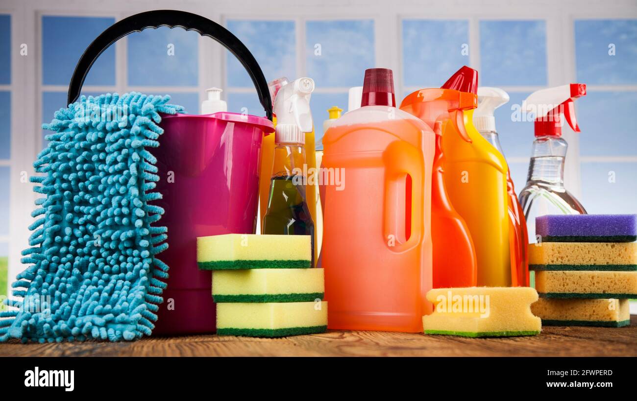 Cleaning Equipment and window background Stock Photo - Alamy