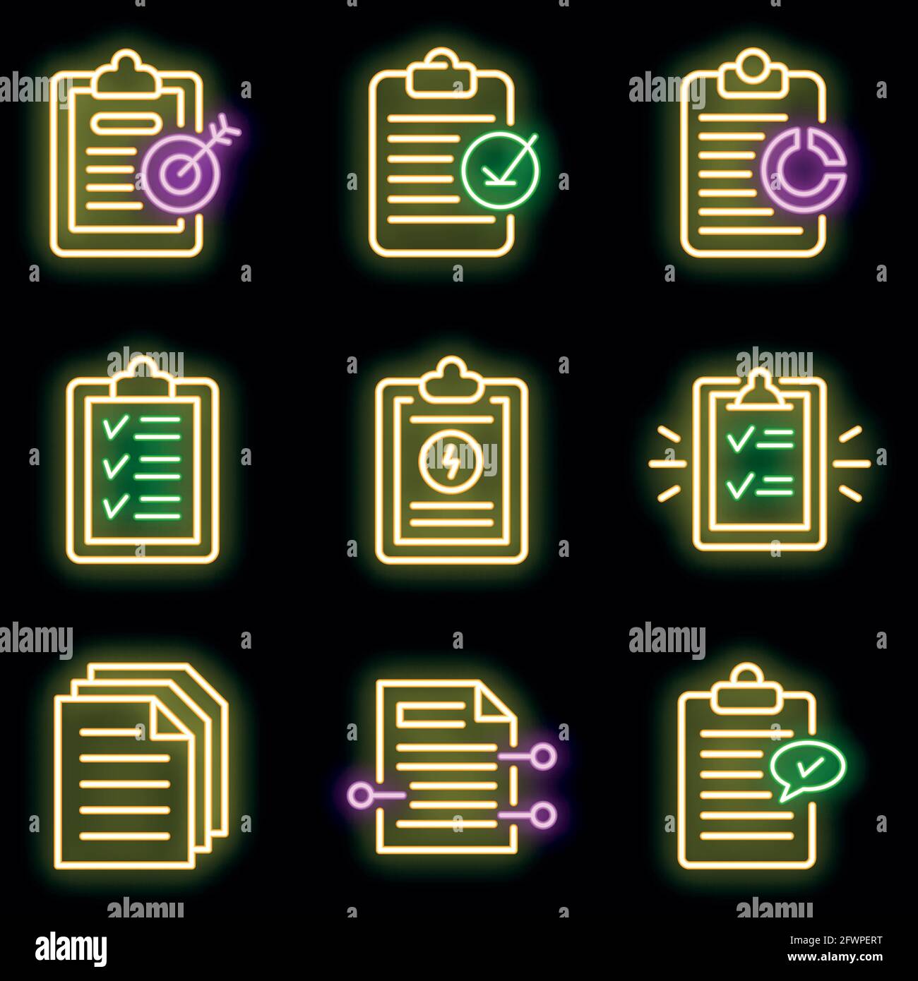 Summary icons set. Outline set of summary vector icons neon color on ...