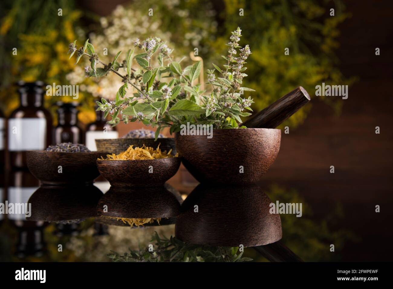 Black mirror background, Natural remedy, healing herbs Stock Photo - Alamy