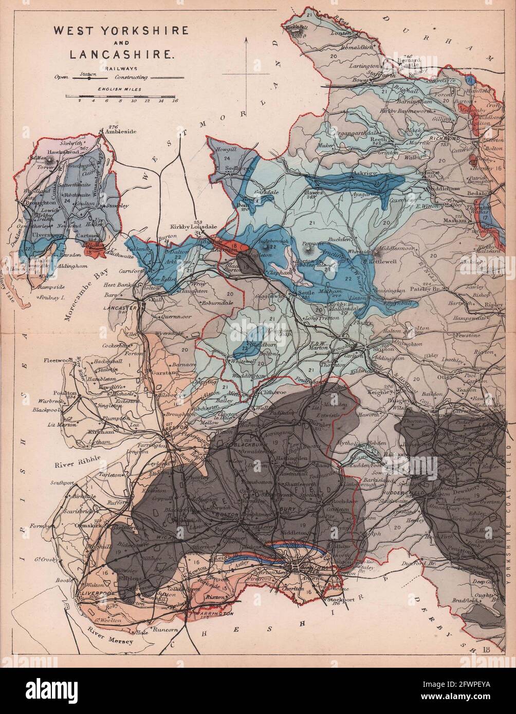 WEST YORKSHIRE & LANCASHIRE antique geological county map by James ...