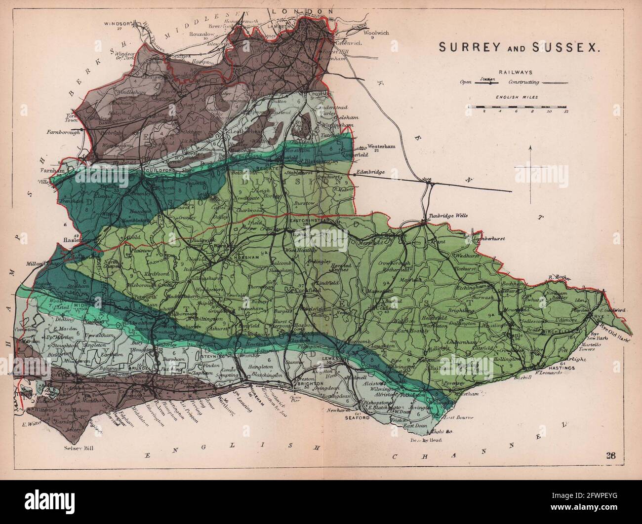 Surrey And Sussex Antique Geological County Map By James Reynolds 1864