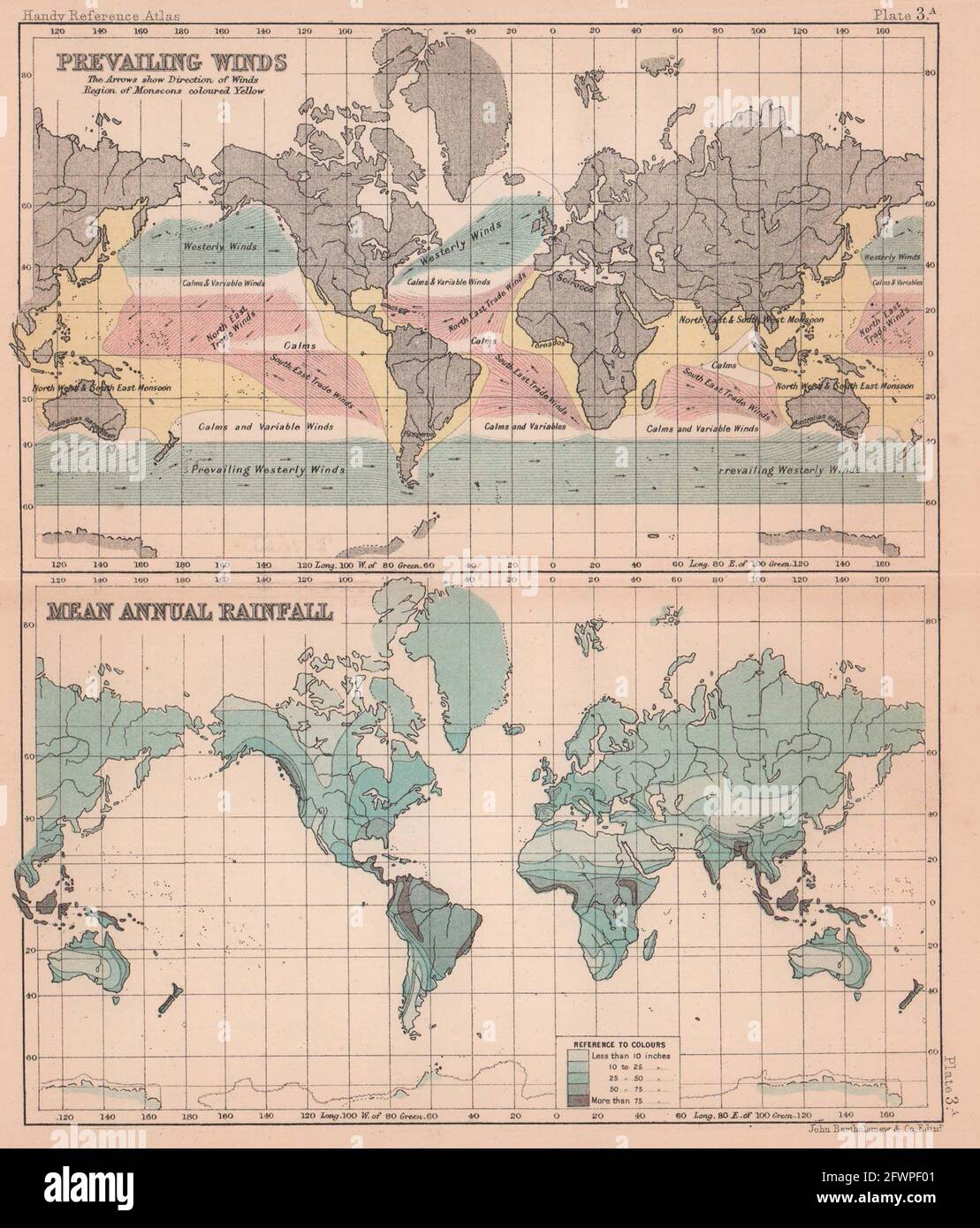 Prevailing Winds & Mean Annual rainfall. World. BARTHOLOMEW 1893 old ...