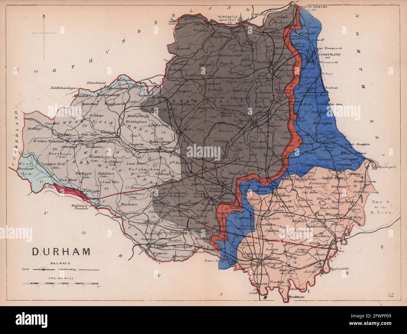 COUNTY DURHAM antique geological county map by James Reynolds 1864 ...
