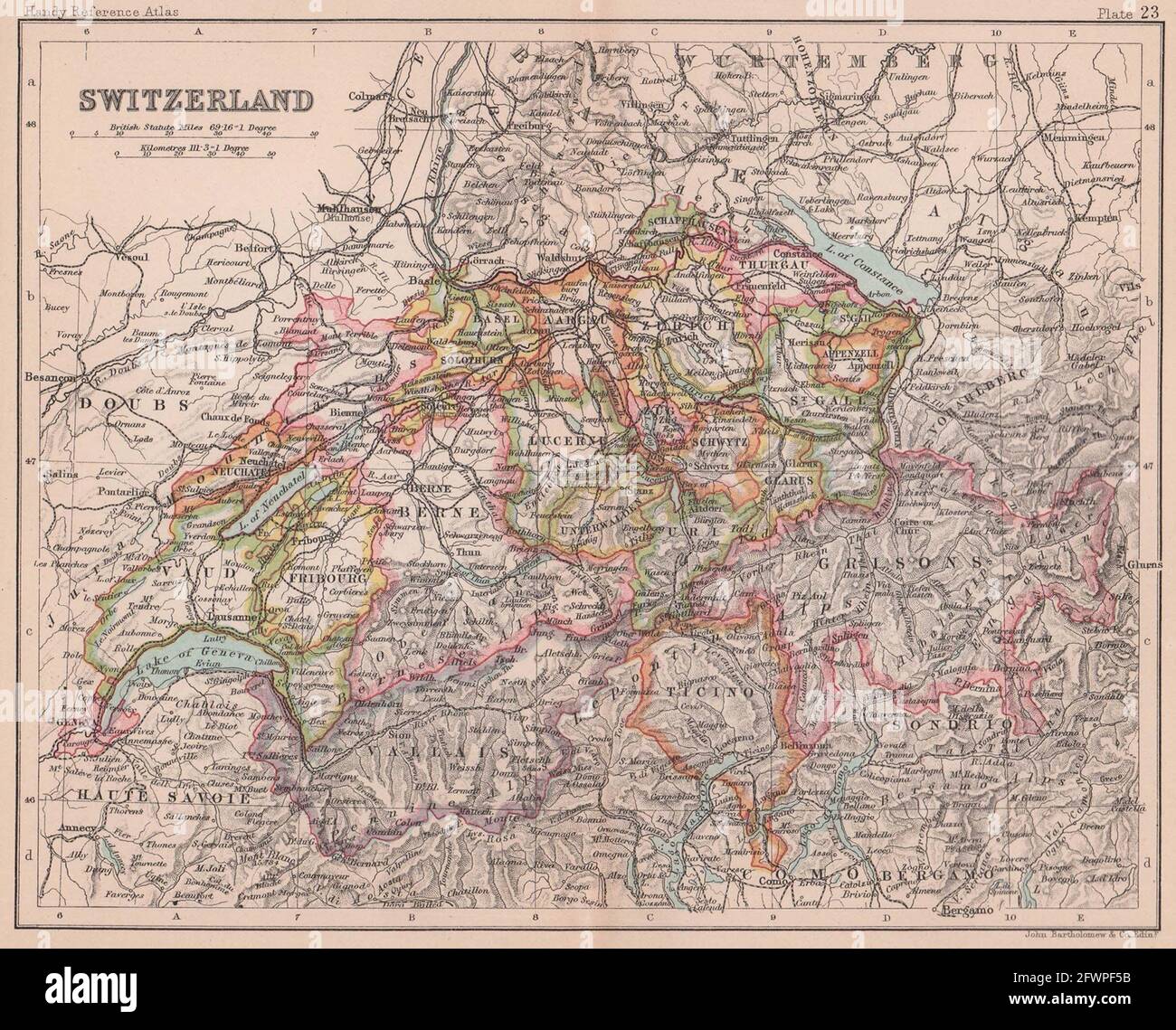 Switzerland in cantons. BARTHOLOMEW 1893 old antique vintage map plan ...